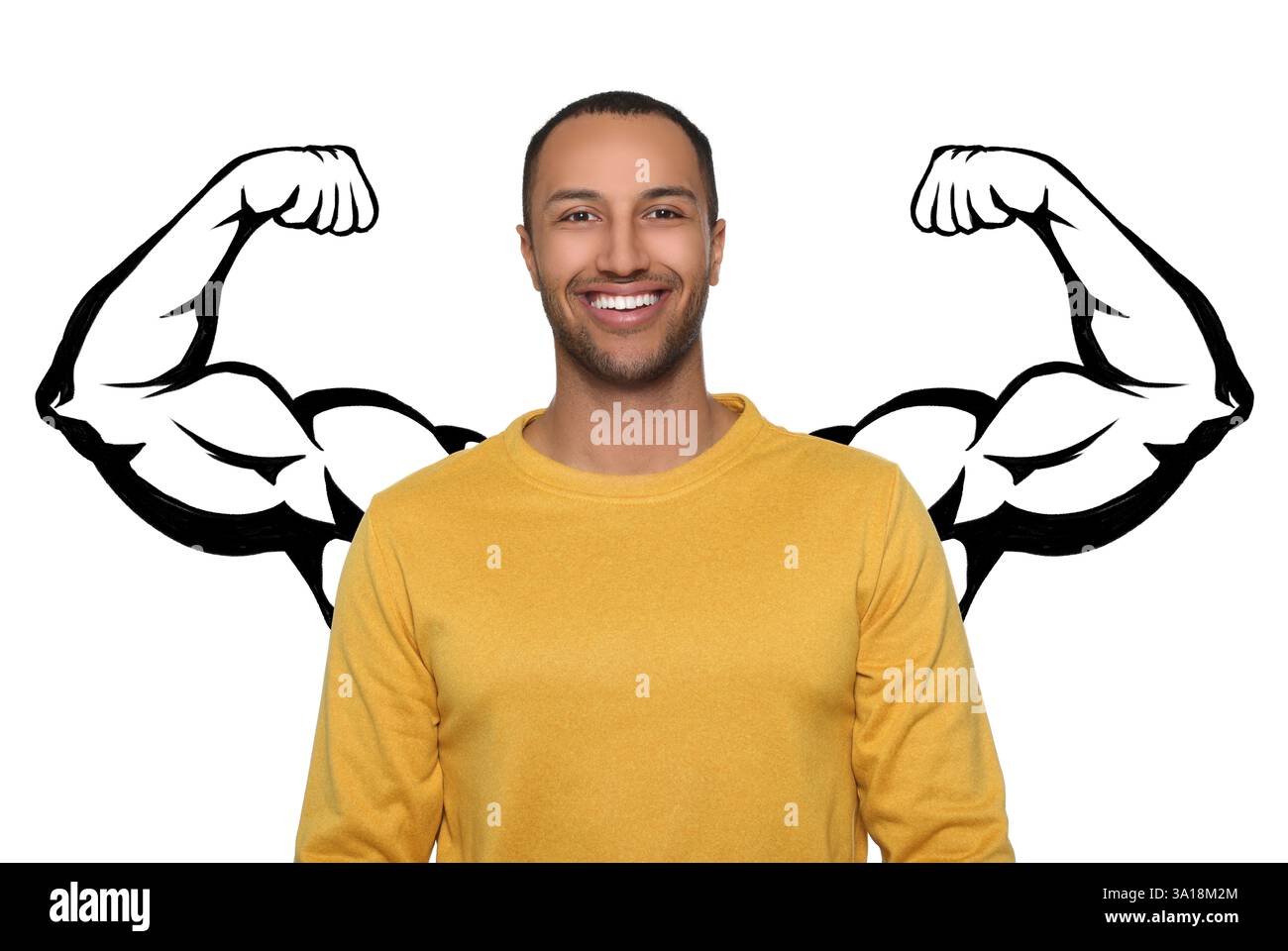 Happy man with drawing of strong arms behind him on white background ...