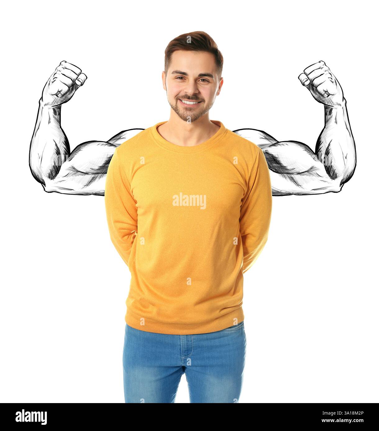 Confident man with drawing of strong arms behind him on white ...