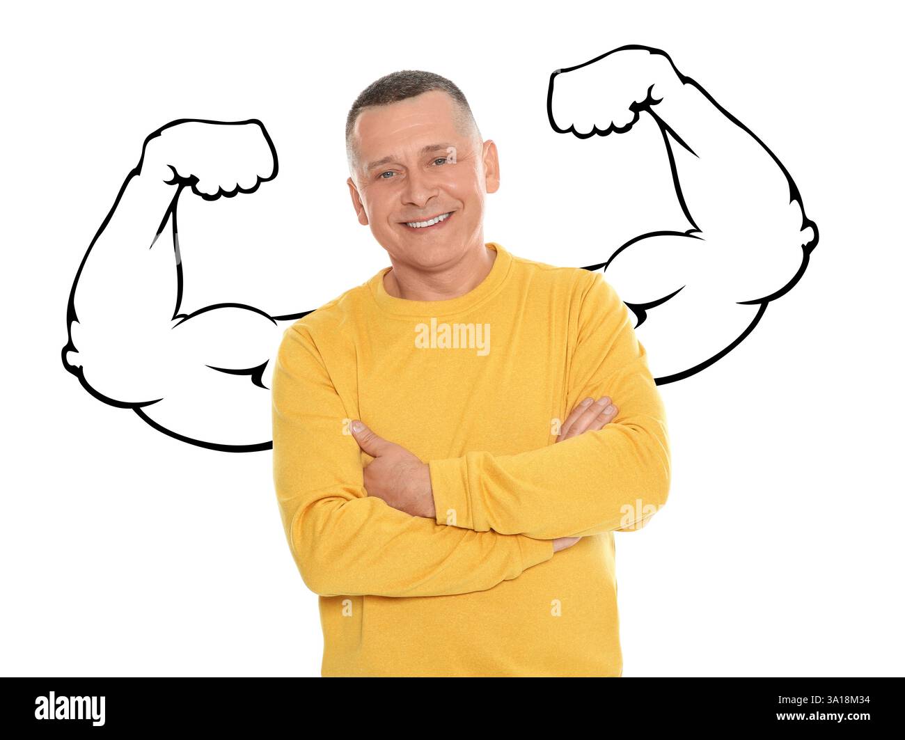 Confident man with drawing of strong arms behind him on white ...