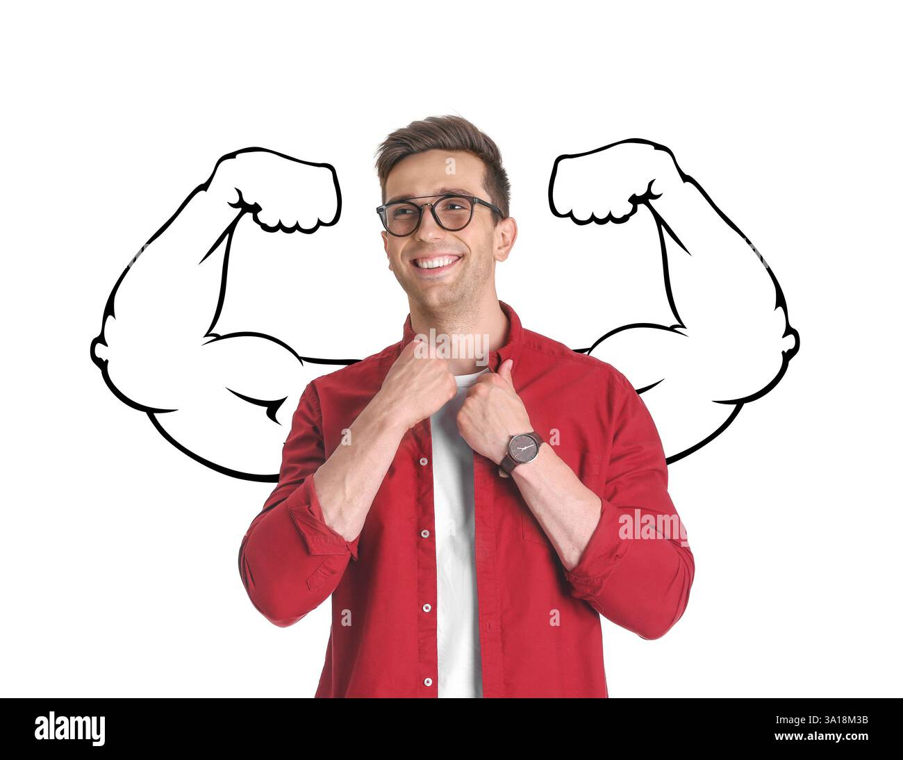 Happy man with drawing of strong arms behind him on white background ...