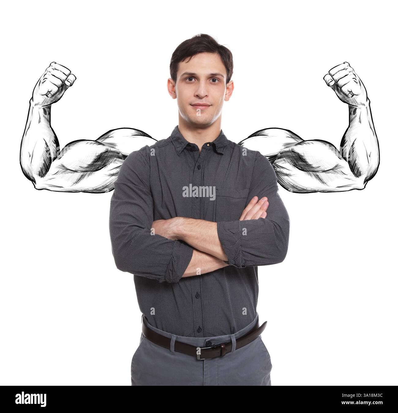 Confident man with drawing of strong arms behind him on white ...