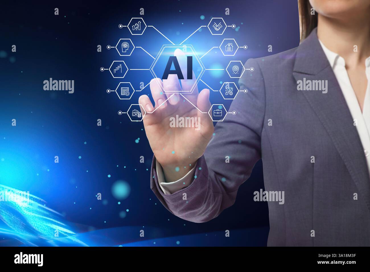 Artificial intelligence. Businesswoman using virtual screen with icons and AI abbreviation ...