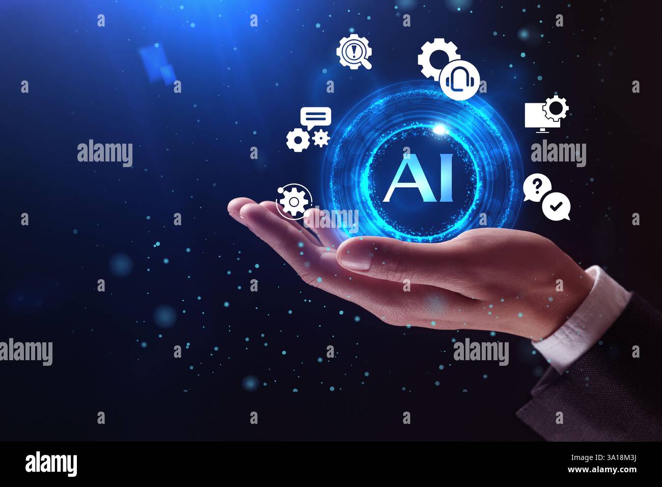 Artificial intelligence. Businesswoman using virtual screen against dark blue background ...