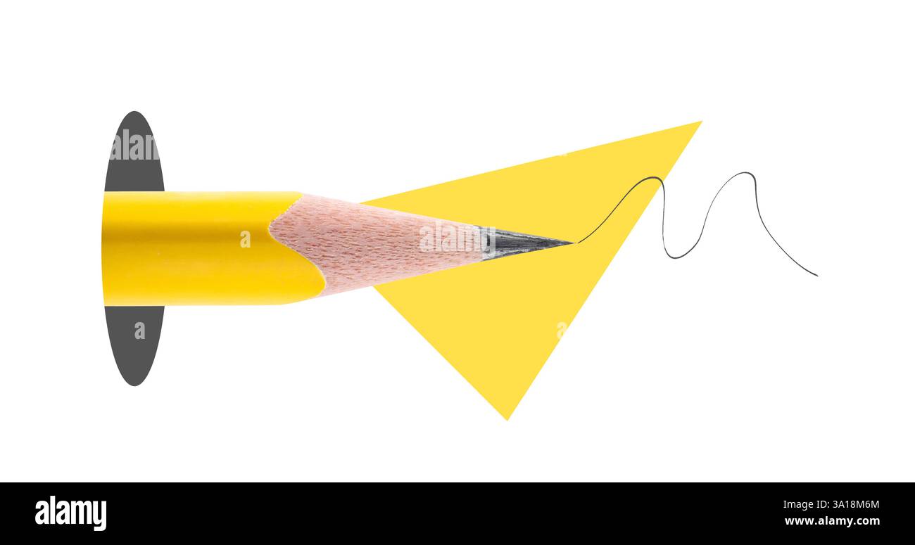 Creative poster. Pencil sticking out of hole, drawn wavy line and ...