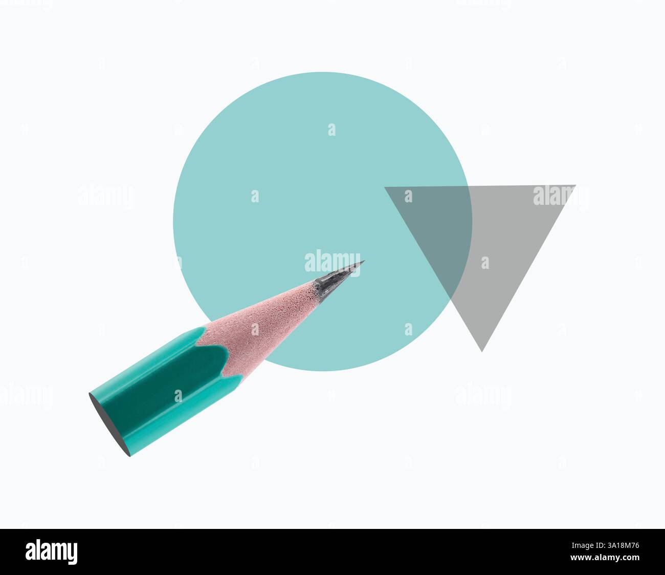 Creative poster. Small pencil, light turquoise circle and grey triangle ...
