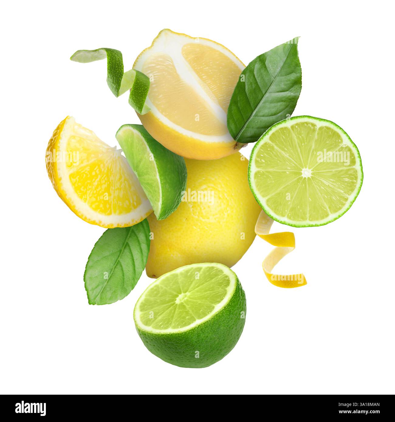 Lemon, lime, zest and green leaves in air on white background Stock ...