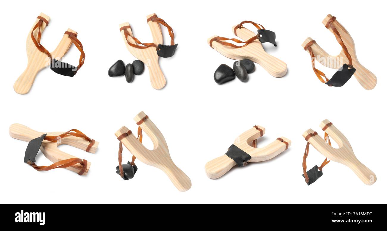 Wooden slingshot with pebbles on white background, collage. Views from ...