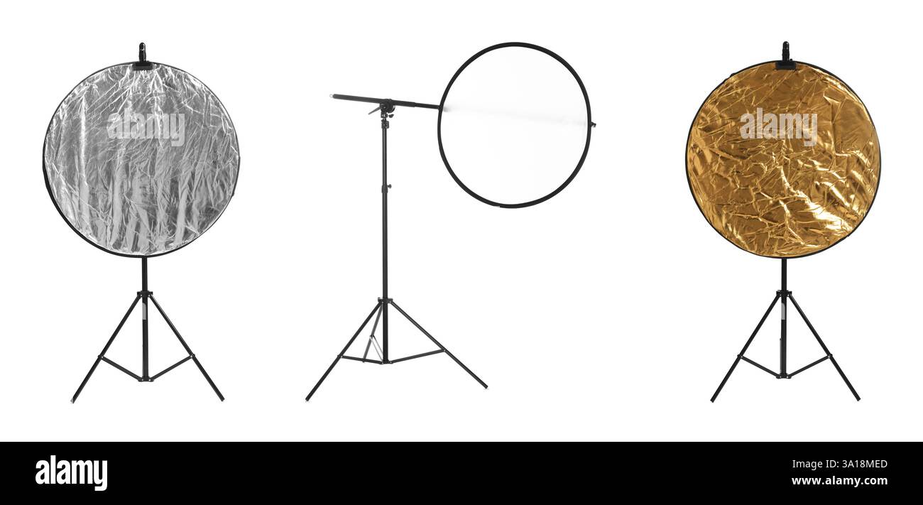 Professional reflectors on white background, set. Photo studio ...