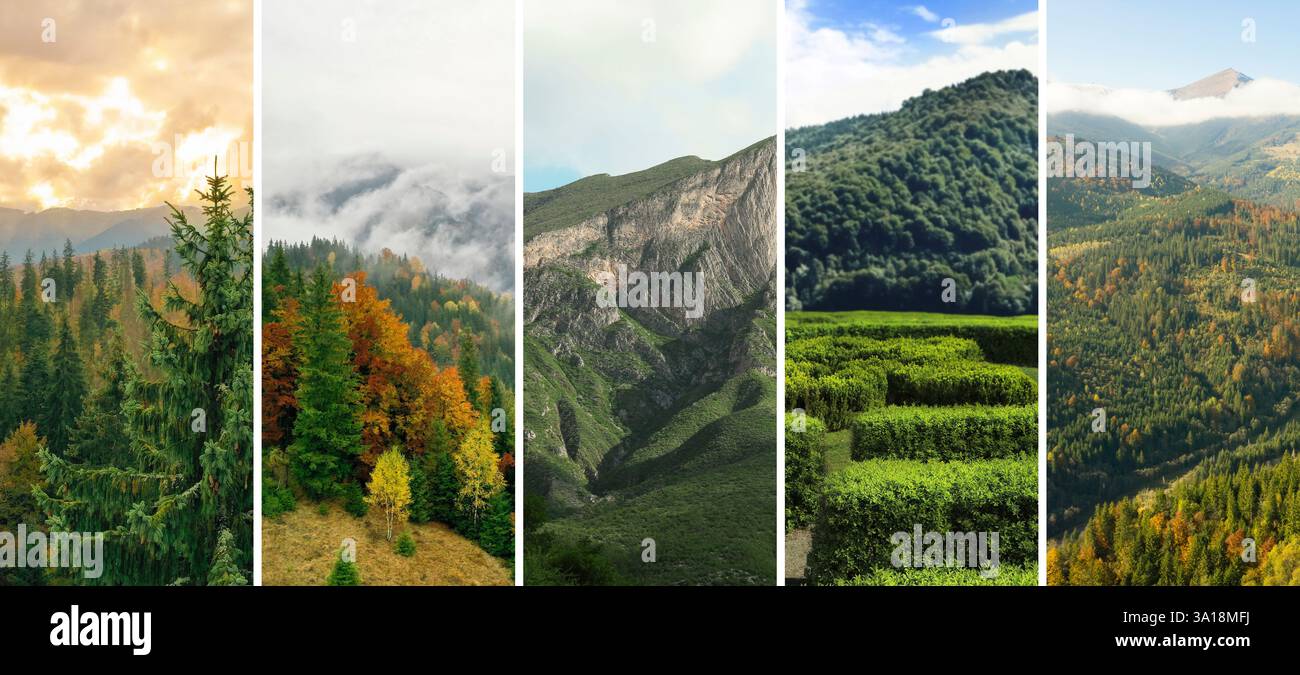 Picturesque mountain landscapes. Collage with beautiful photos of ...