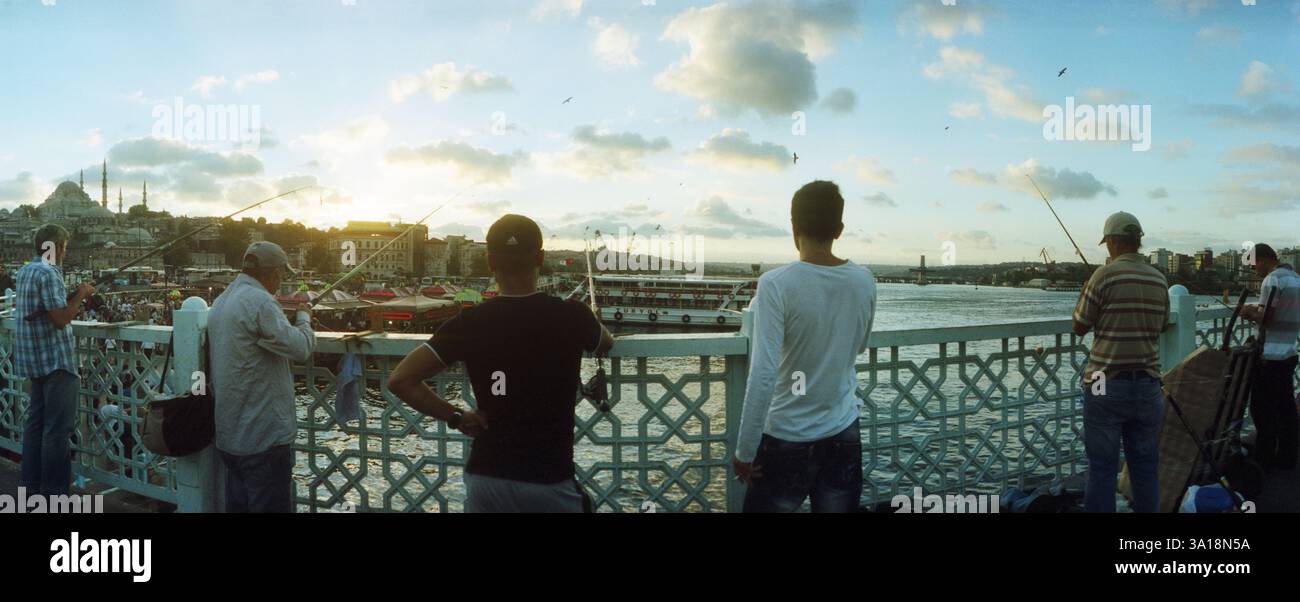 Panoramic view of people fishing in the Bosphorus Strait, Marmara ...