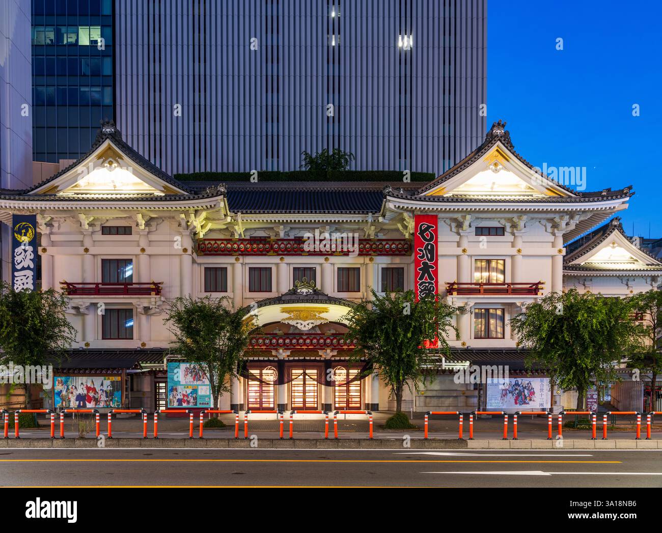 TOKYO, JAPAN - JULY 8, 2024: The Kabukiza Theatre illuminated at night ...