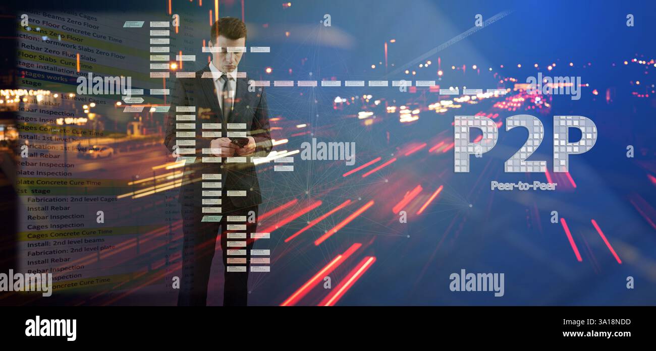 P2P. Night traffic road. Background from long exposure headlights ...