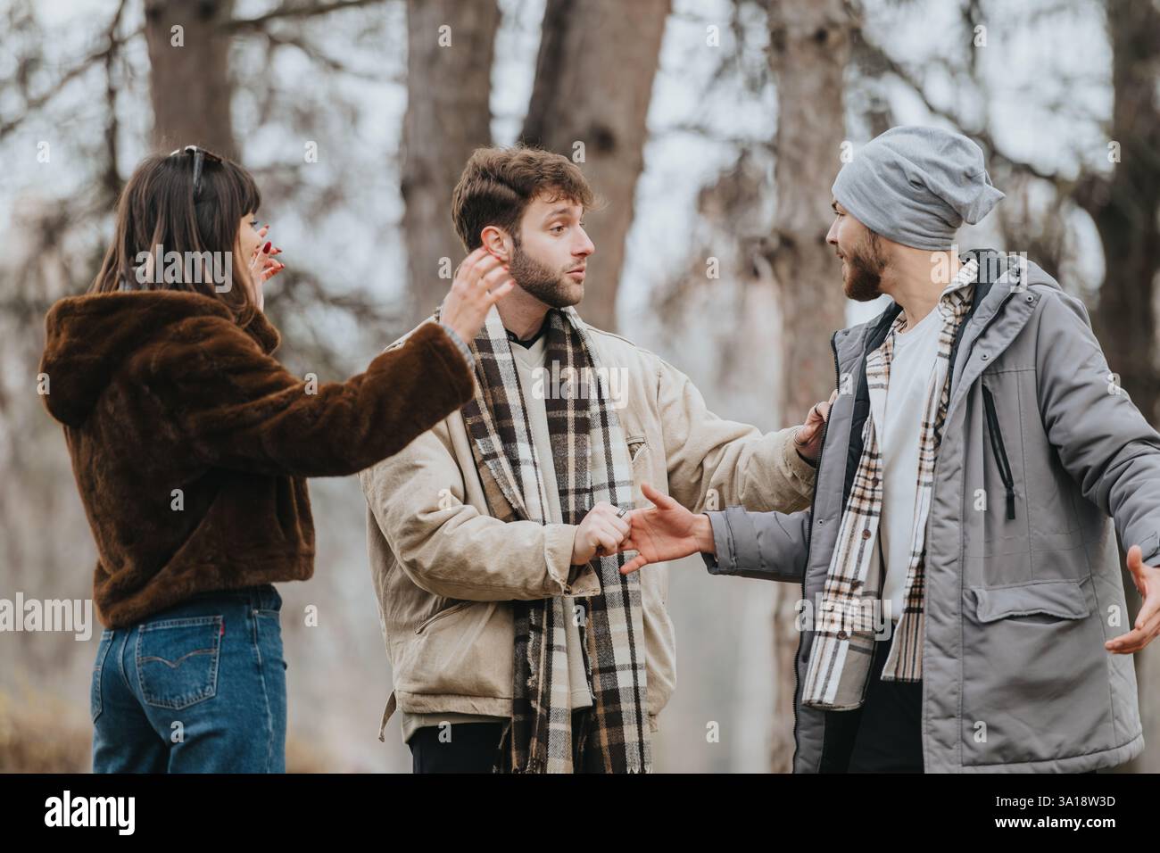 Group of friends in a forest having an animated discussion Stock Photo ...