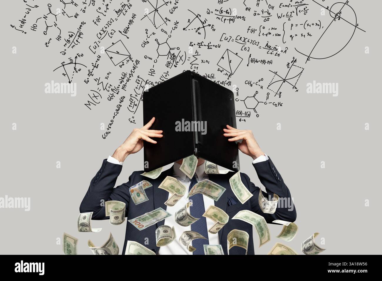 Frustrated stressed businessman hiding his head under laptop in office ...