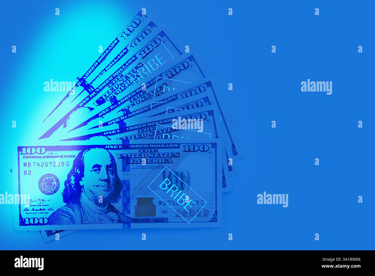 Corruption concept. US Dollar cash money in uv light on blue background ...
