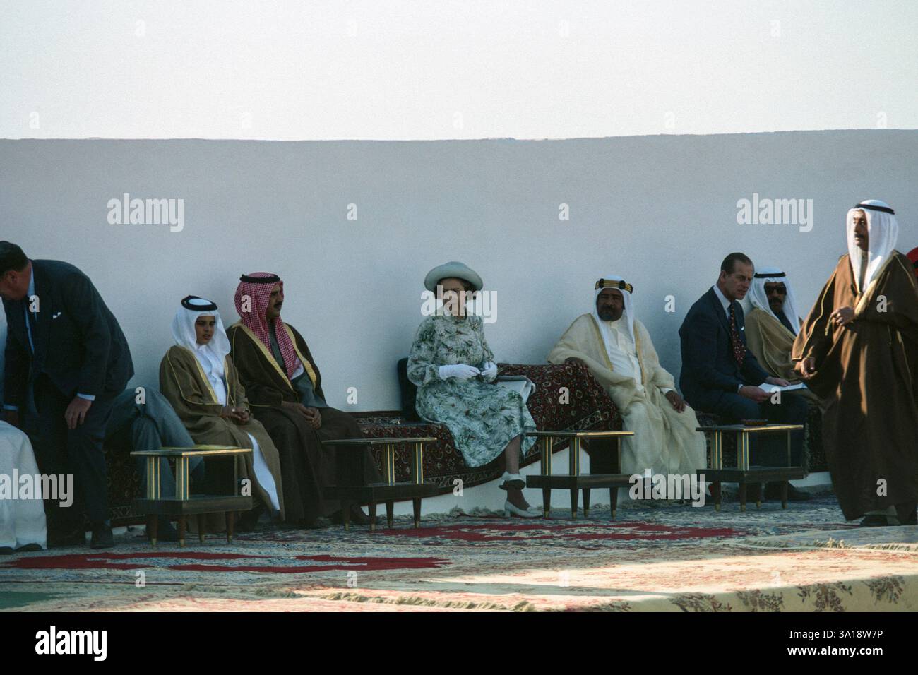 Bahrain 1979 – archival image of HRH Queen Elizabeth II accompanied by ...