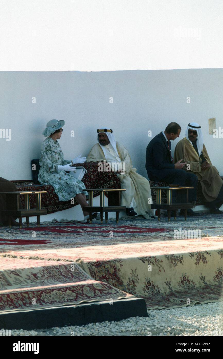 Bahrain 1979 – archival image of HRH Queen Elizabeth II accompanied by ...
