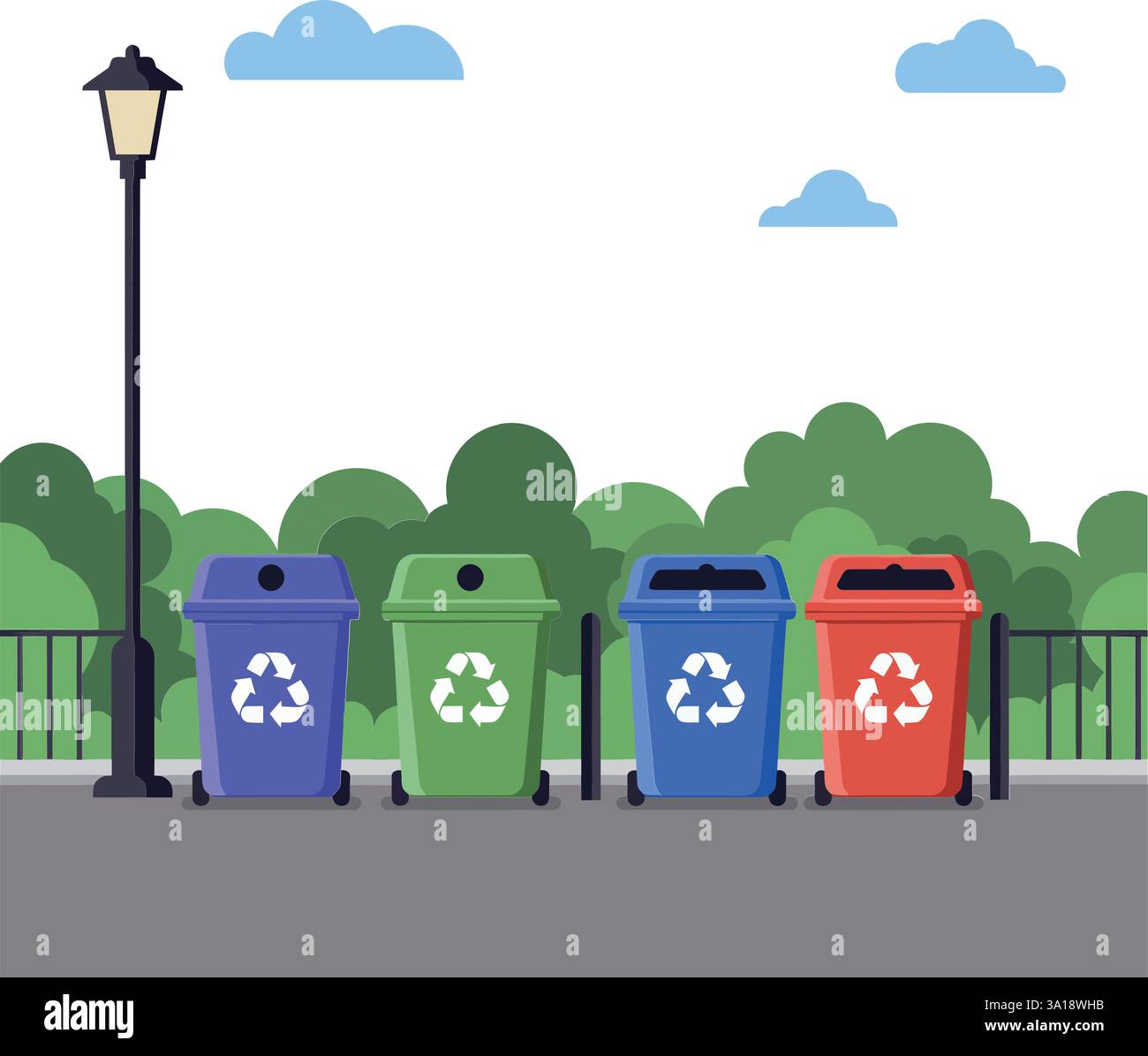 Four recycling bins in vibrant colors stand beside a lamp post ...