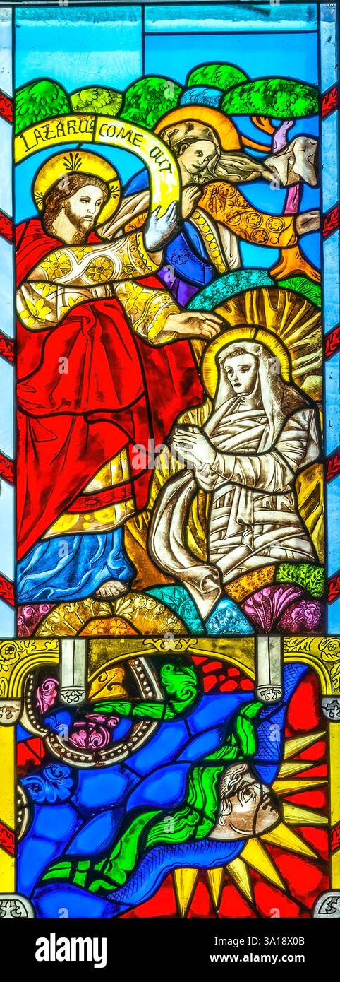 Colorful Jesus Christ Raising Lazarus from Dead Stained Glass Basilica ...