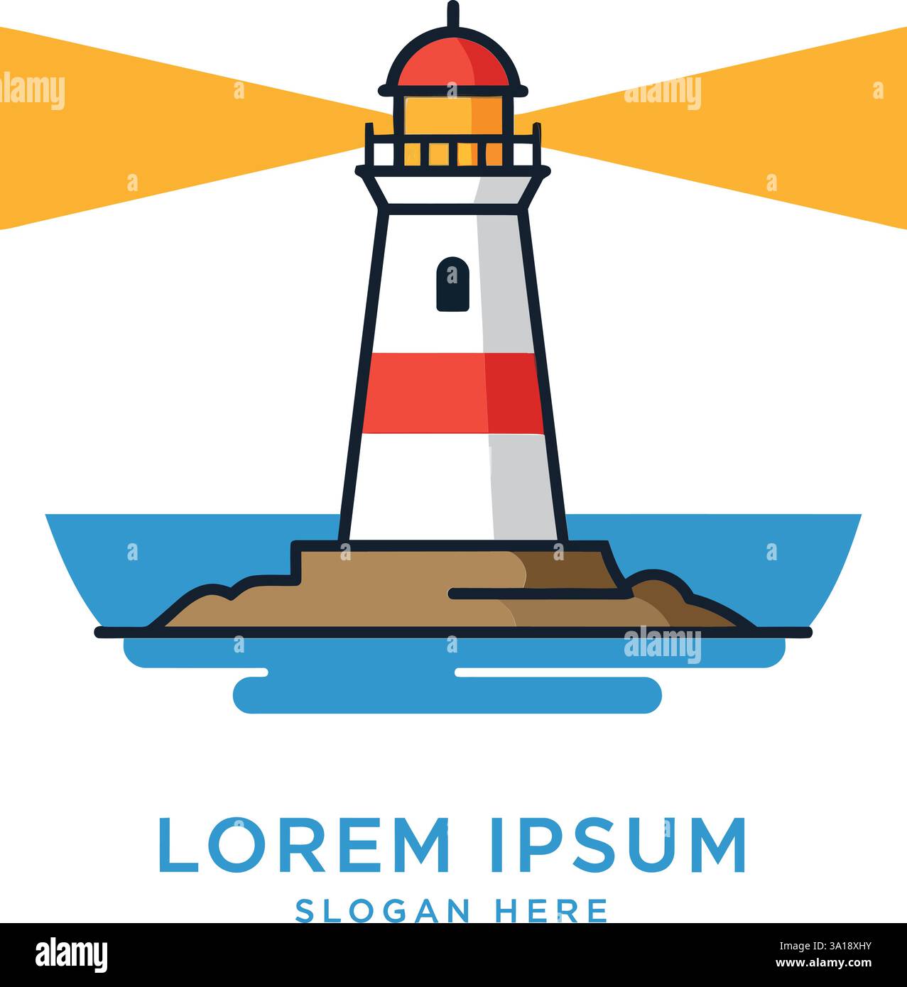 A tall lighthouse emits bright yellow beams over calm waters ...