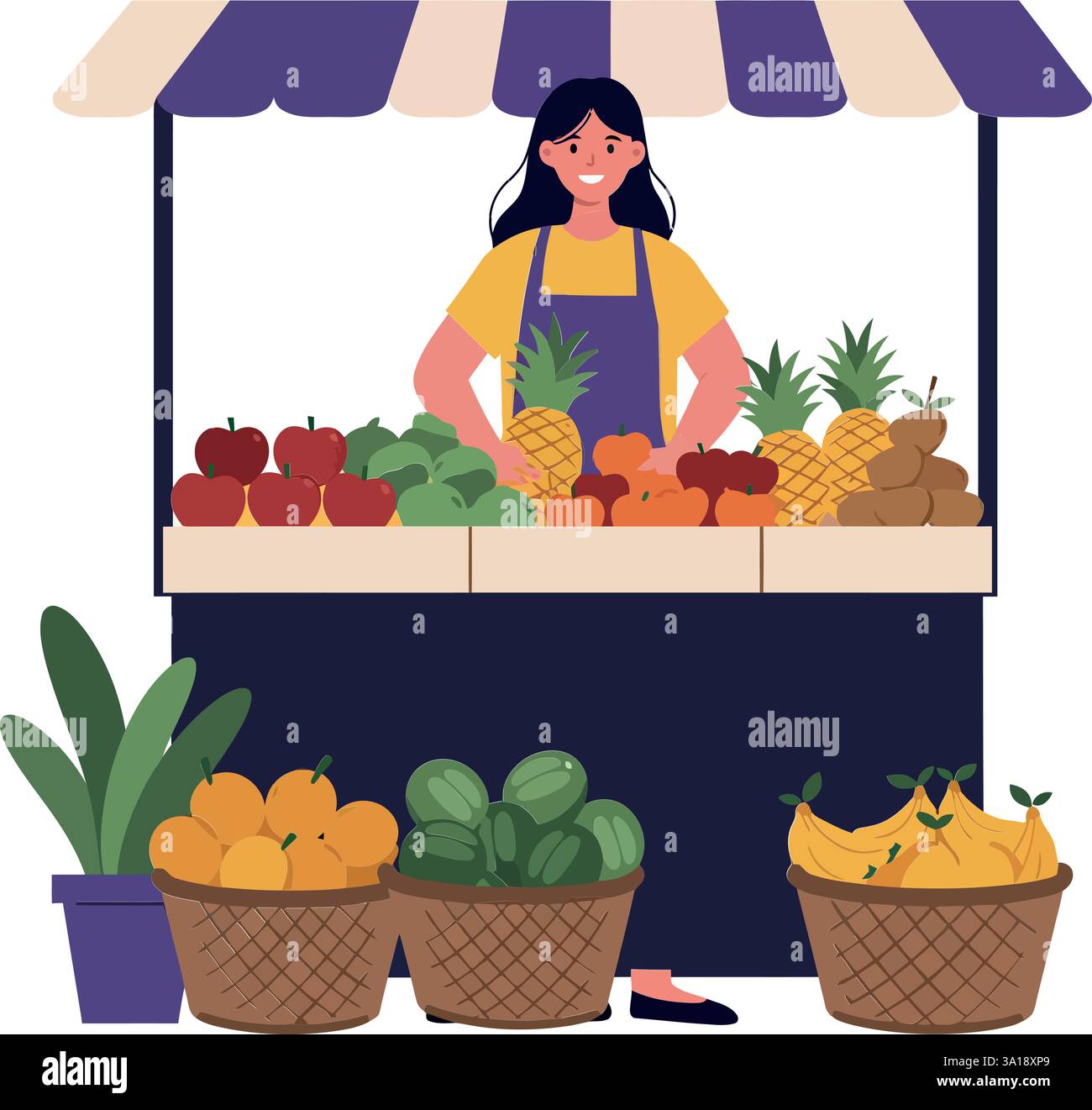 A cheerful woman stands behind a market stall, surrounded by colorful ...