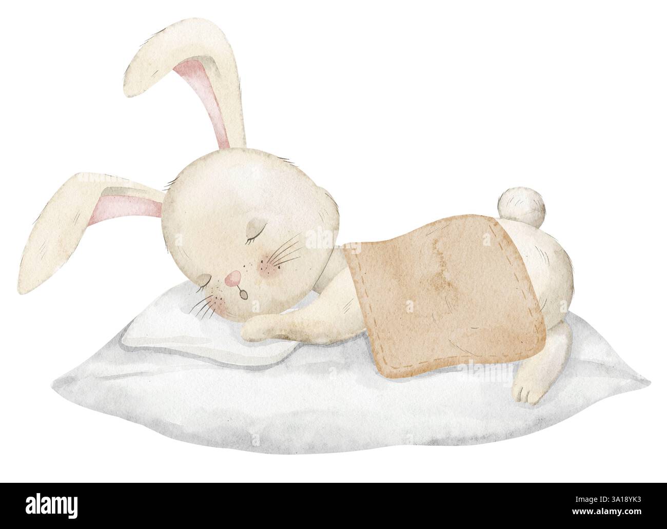 Charming watercolor illustration of cute Bunny sleeping on a pillow ...