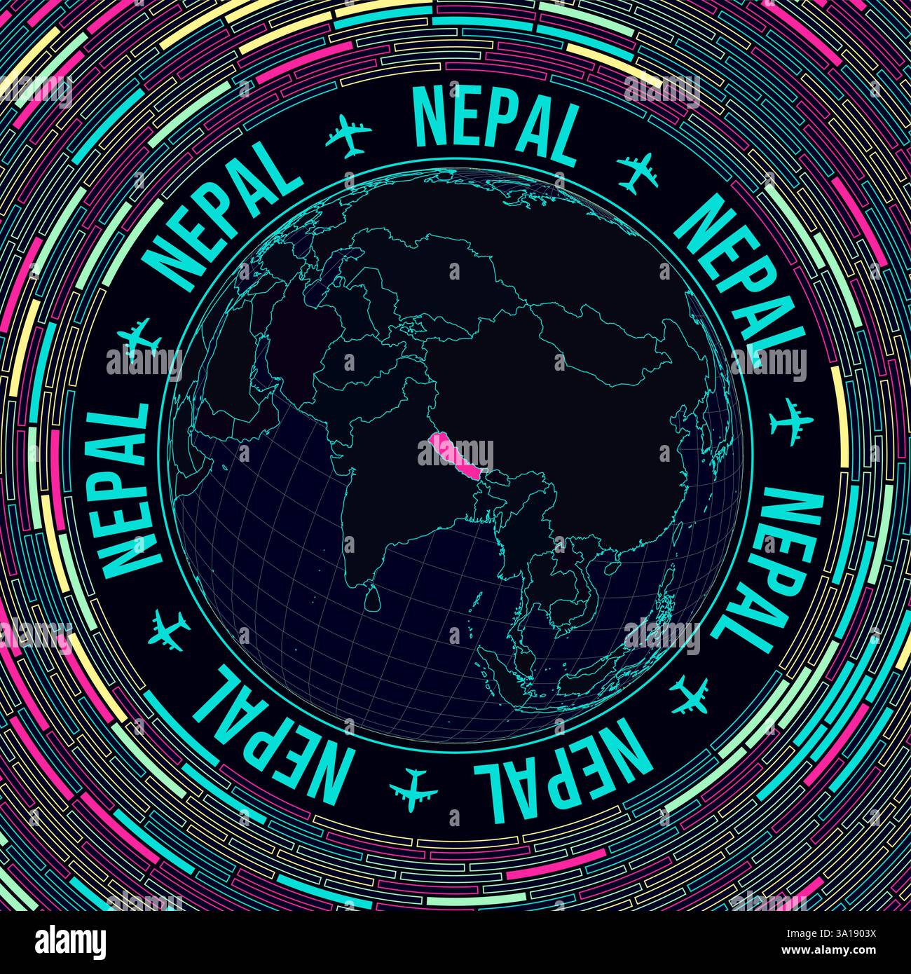 Nepal on globe. Satellite view of the world centered to Nepal. Bright neon style. Futuristic ...