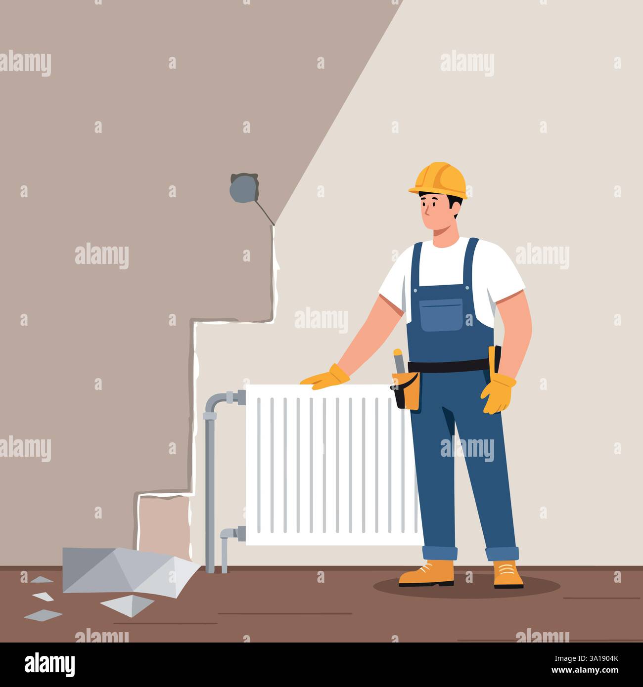 A man stands beside a white radiator, wearing blue overalls and a ...