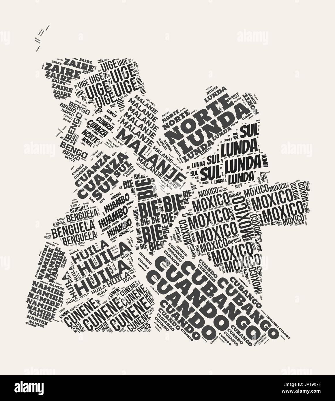 Angola Word Cloud. Country with regions division. Angola typographic ...