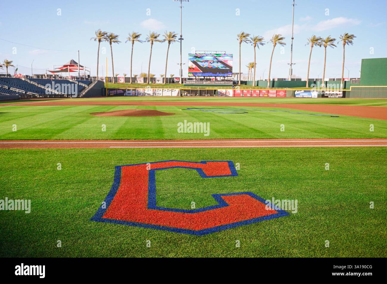 Cleveland Guardians logo is displayed along the Guardian’s dugout ...