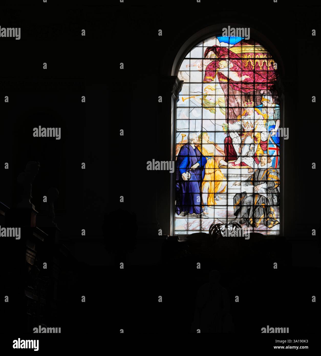 Stained glass window, of Isaac Newton in front of king George I, in the ...
