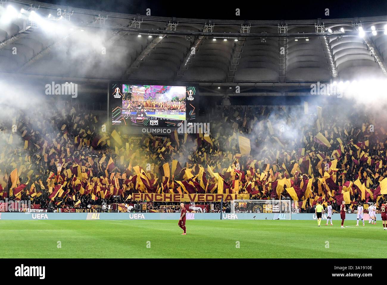 Flags of AS Roma supporters during the Europa League round of 16 ...