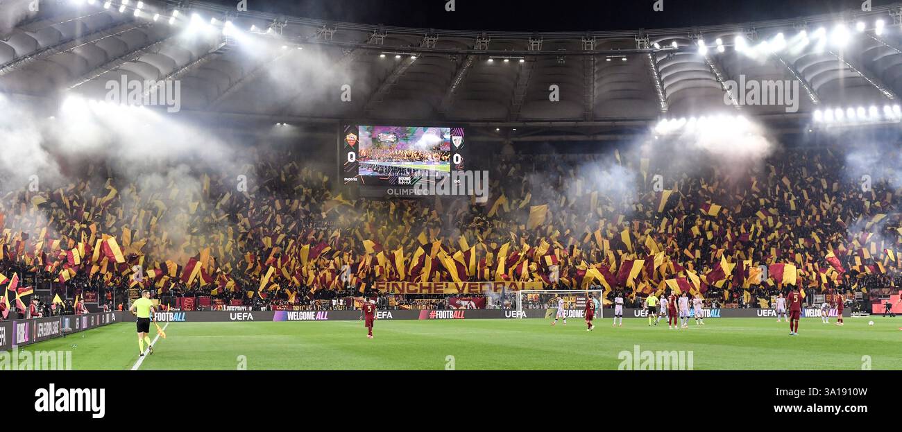 Flags of AS Roma supporters during the Europa League round of 16 ...