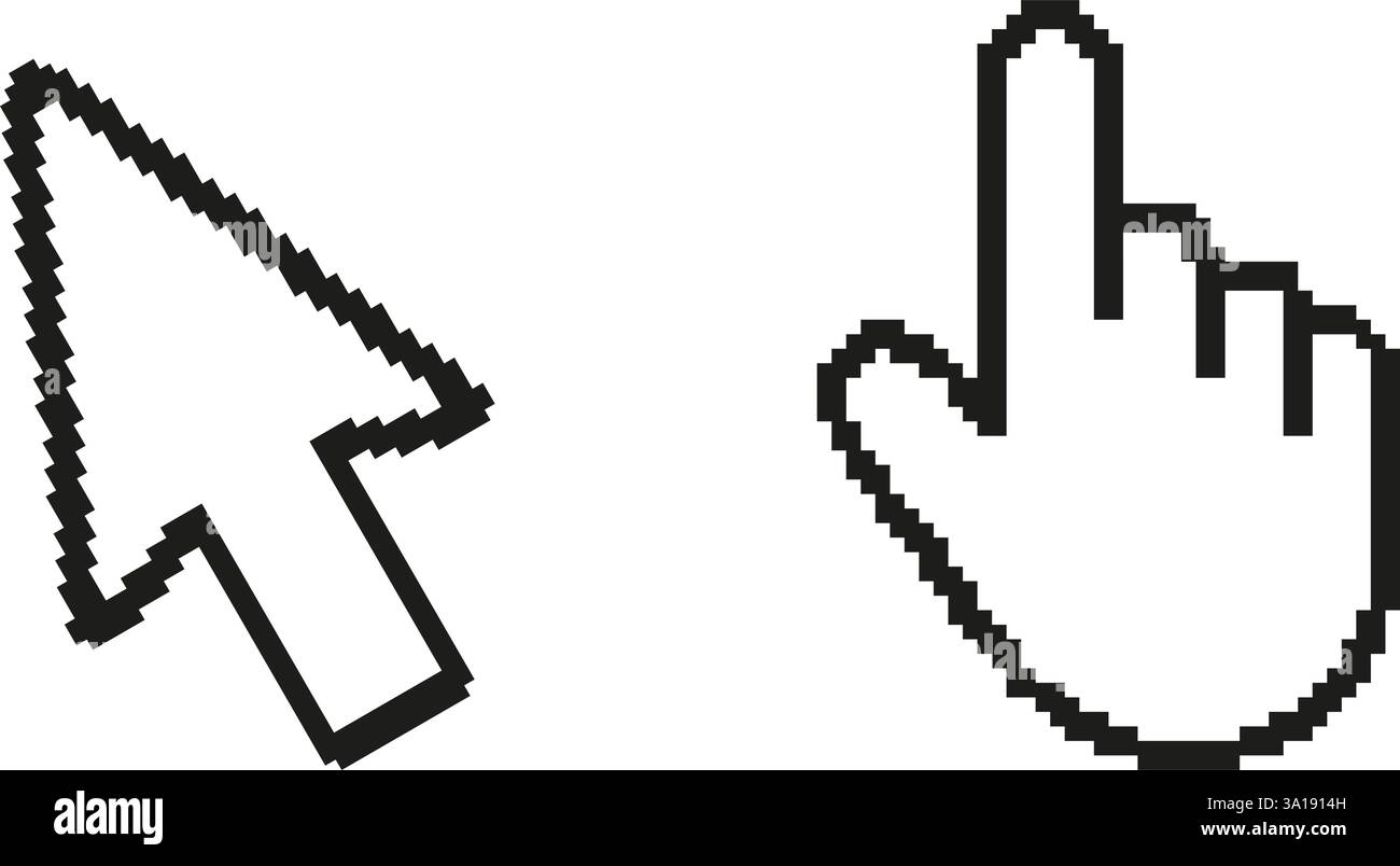 Computer Cursor And Hand Icon In Pixelated Icon Set. Pixel Art Symbol ...