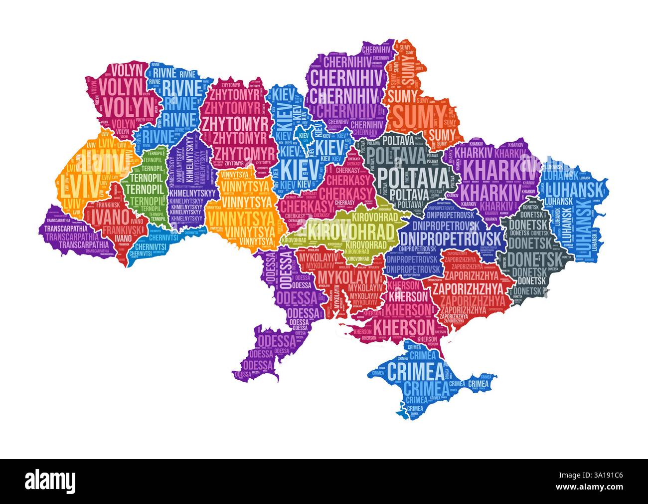 Ukraine shape. Country word cloud with region division. Ukraine colored ...