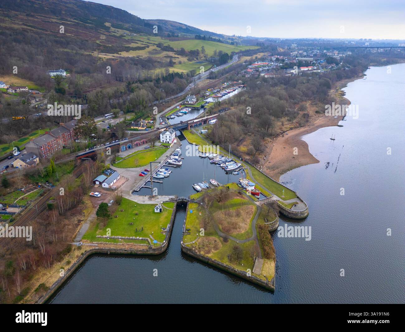 Aerial view of entrance to Forth and Clyde Canal on River Clyde at ...