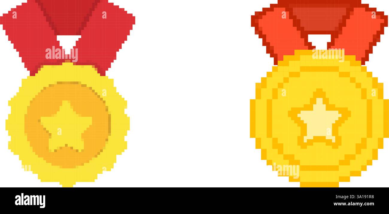 Gold Medal With Red Ribbon Pixelated Icon Set. Pixel Art Symbol ...