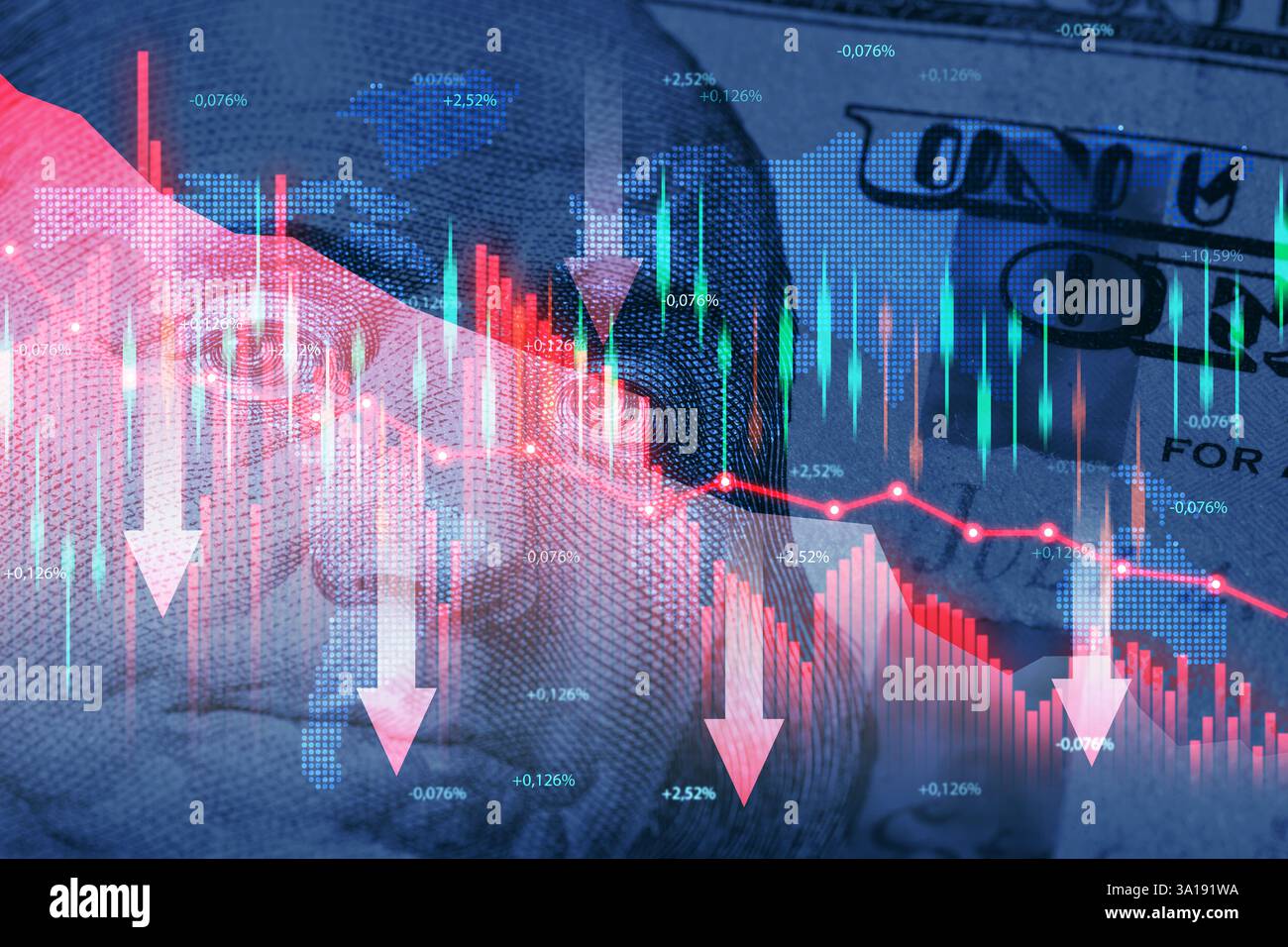 US dollar bill with a declining stock market chart, red arrows, and ...