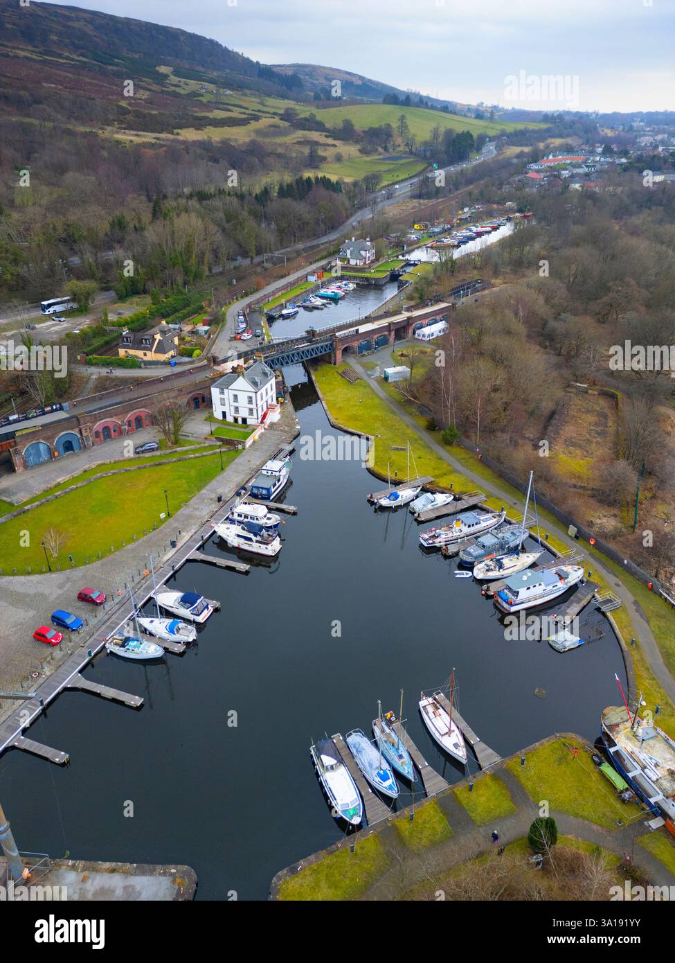 Aerial view of entrance to Forth and Clyde Canal on River Clyde at ...