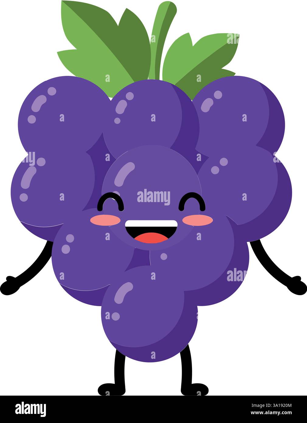 A cheerful grape character with a big smile and arms stands with a ...