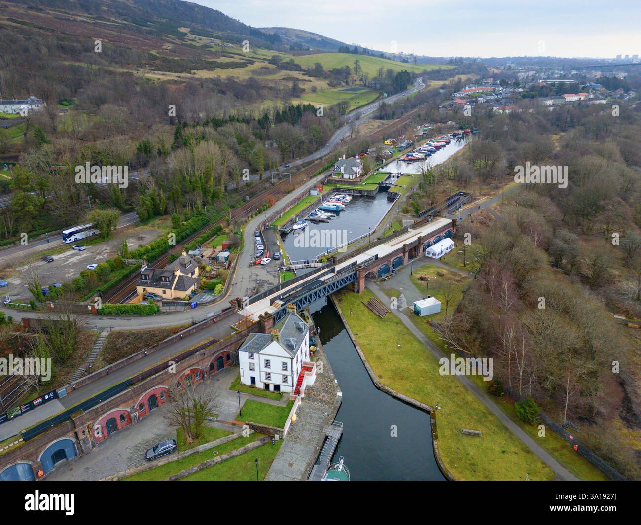 Aerial view of entrance to Forth and Clyde Canal on River Clyde at ...
