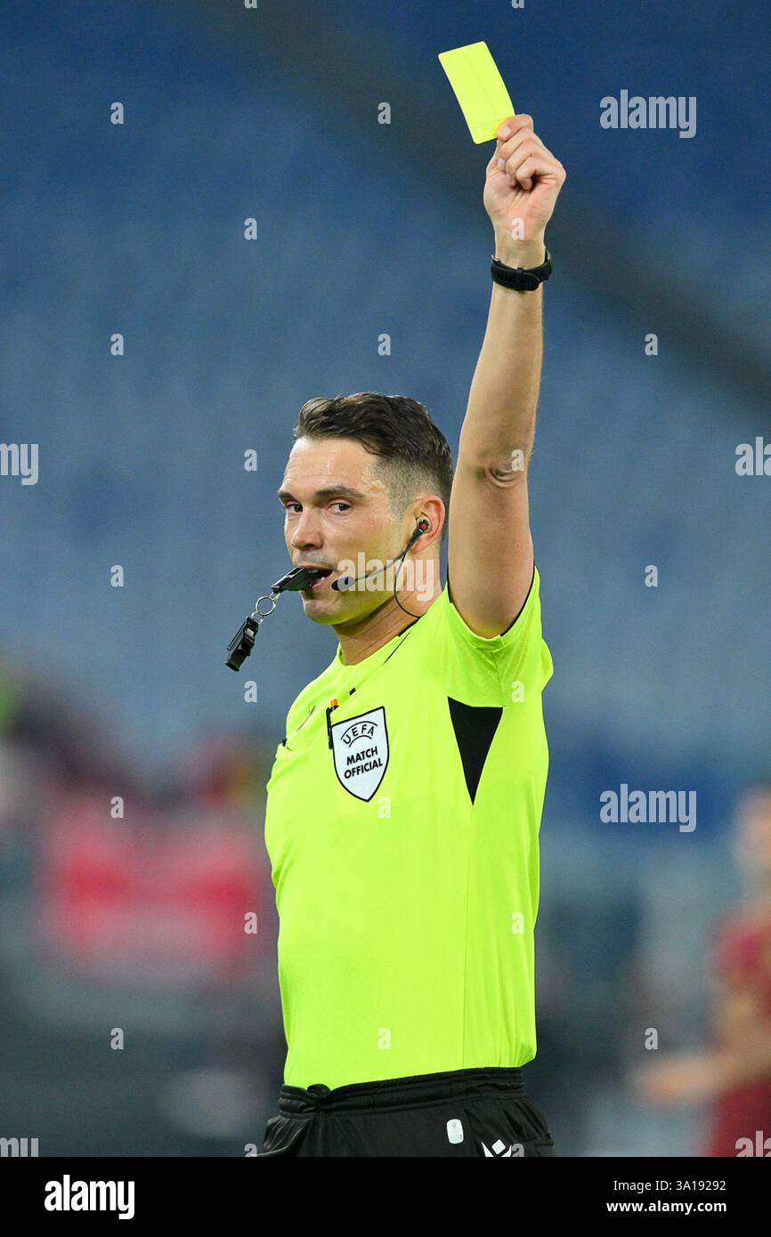 Olimpico Stadium, Rome, Italy - referee Sandro Scharer issues a yellow ...