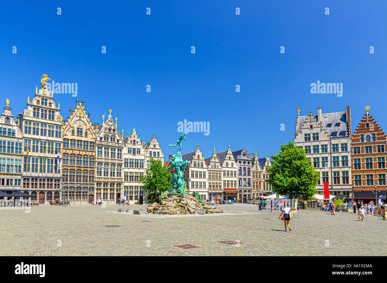 Antwerp cityscape with Brabofontein Brabo Fountain and guild houses ...