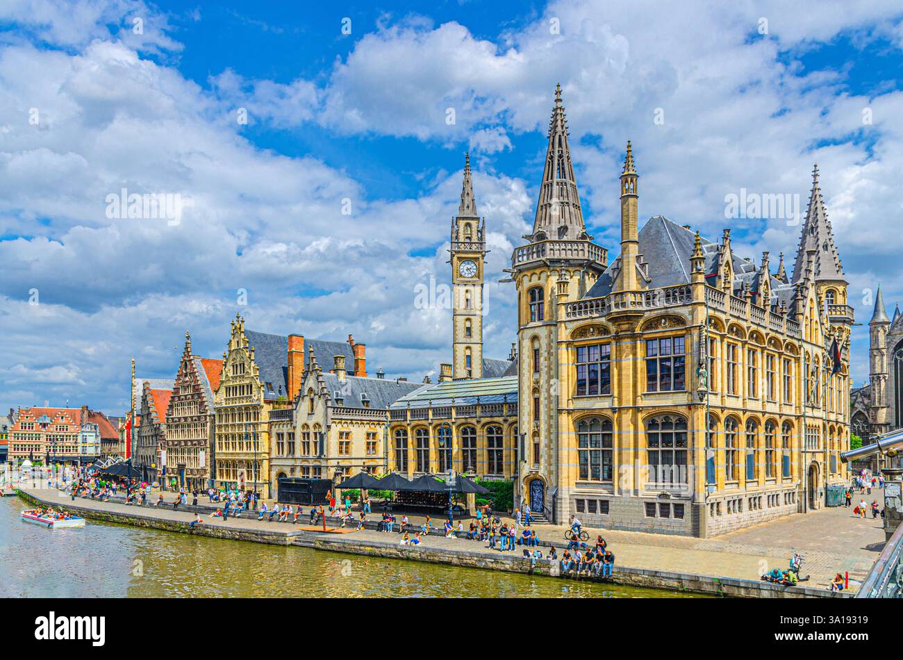 Ghent cityscape, Old Post Office with clock tower and row of old ...