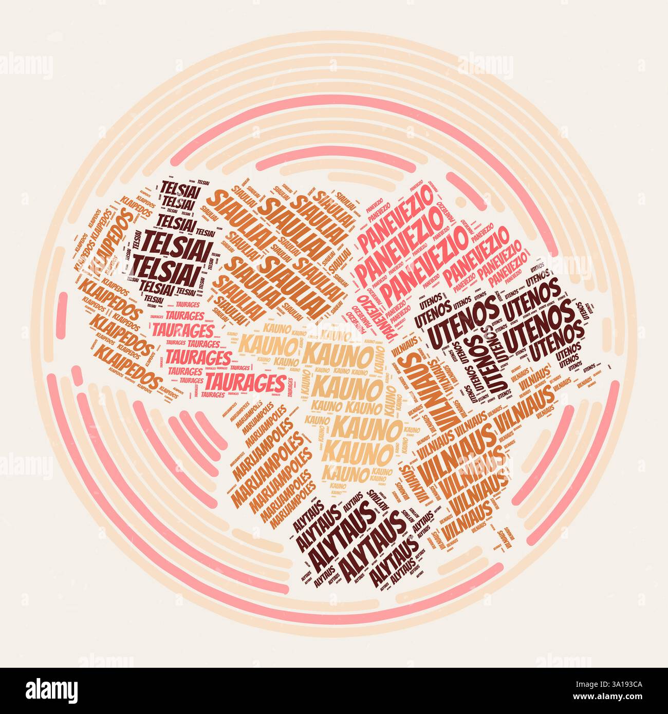 Lithuania round poster. Typography style image of country. Regions word ...