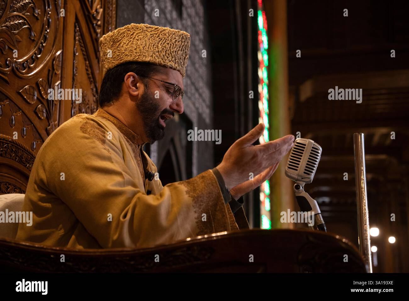 Chief cleric of Kashmir Mirwaiz Umar Farooq seen praying inside the historic Jamia Masjid or ...
