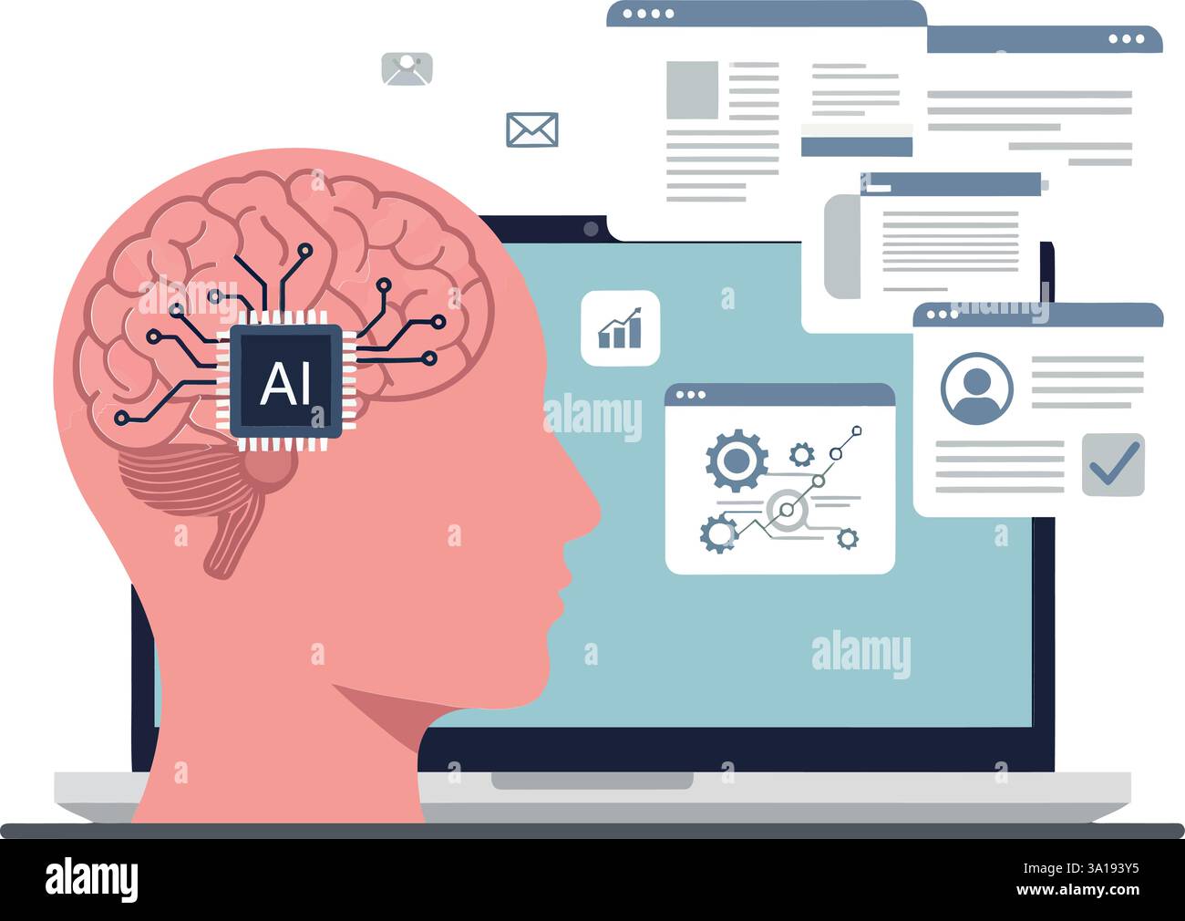 A Human Head With A Prominent Ai Chip Surrounded By Floating Data