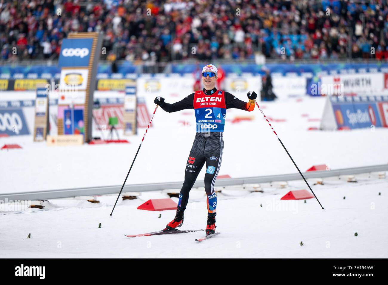 Trondheim, Norwegen. 07th Mar, 2025. GEIGER Vinzenz (Deutschland) jubelt im Ziel ueber den Sieg ...