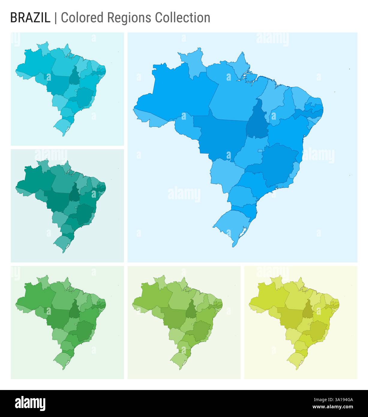 Brazil map collection. Country shape with colored regions. Light Blue ...
