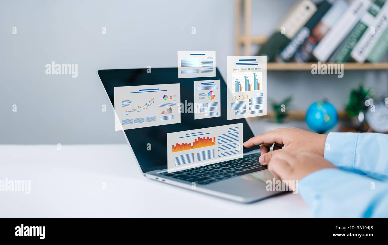 Business data analysis, Businessman using laptop performance indicator ...